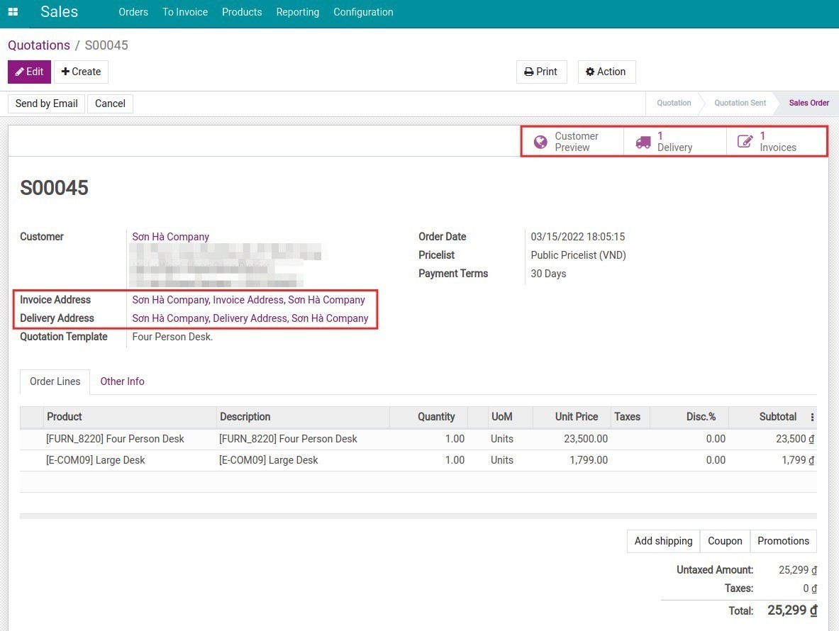 Manage invoicing address and delivery address in Sales | 14.0 Viindoo Documentation